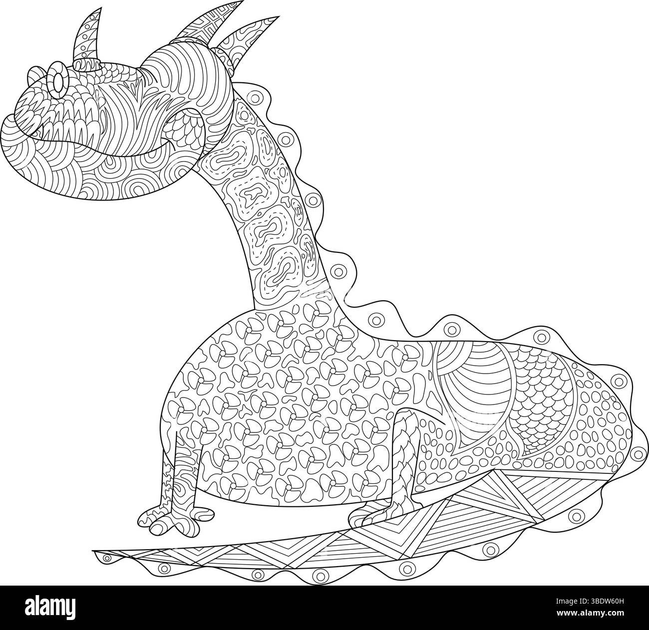 Black and white line art illustration of a stylized dragon filled with ...