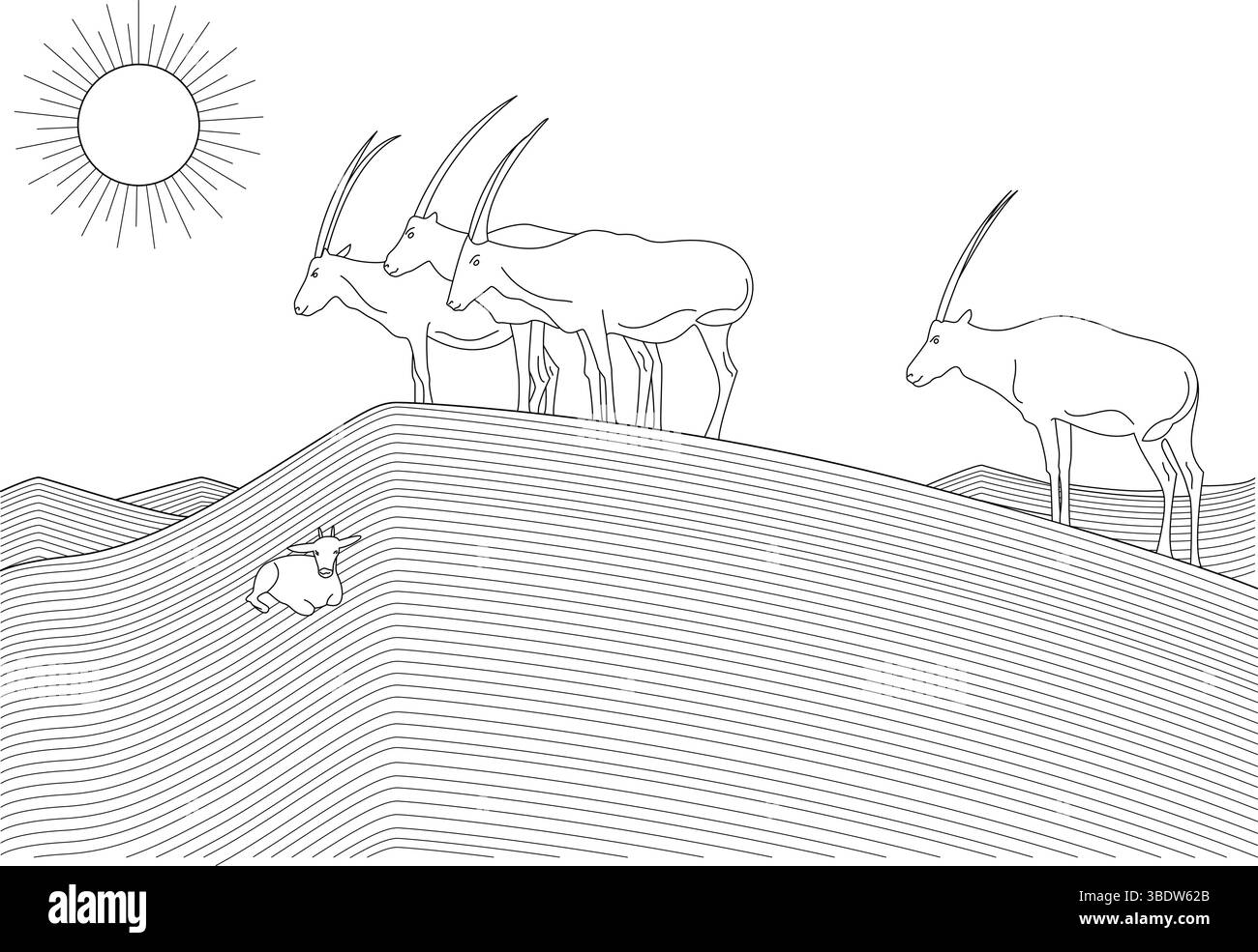 Minimalist line art illustration depicting Oryx antelopes in a stylized ...