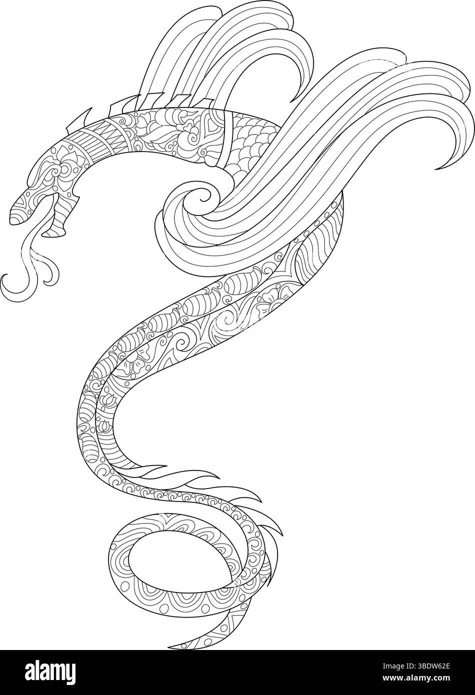 Detailed black and white line art illustration of a mythical dragon ...