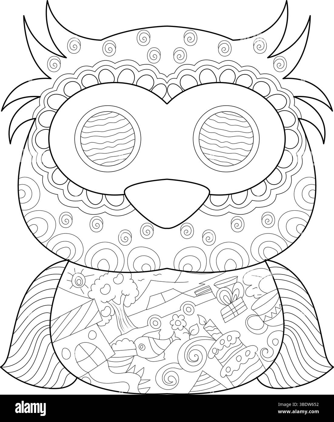 A black and white line art illustration of a cute owl in a doodle style ...