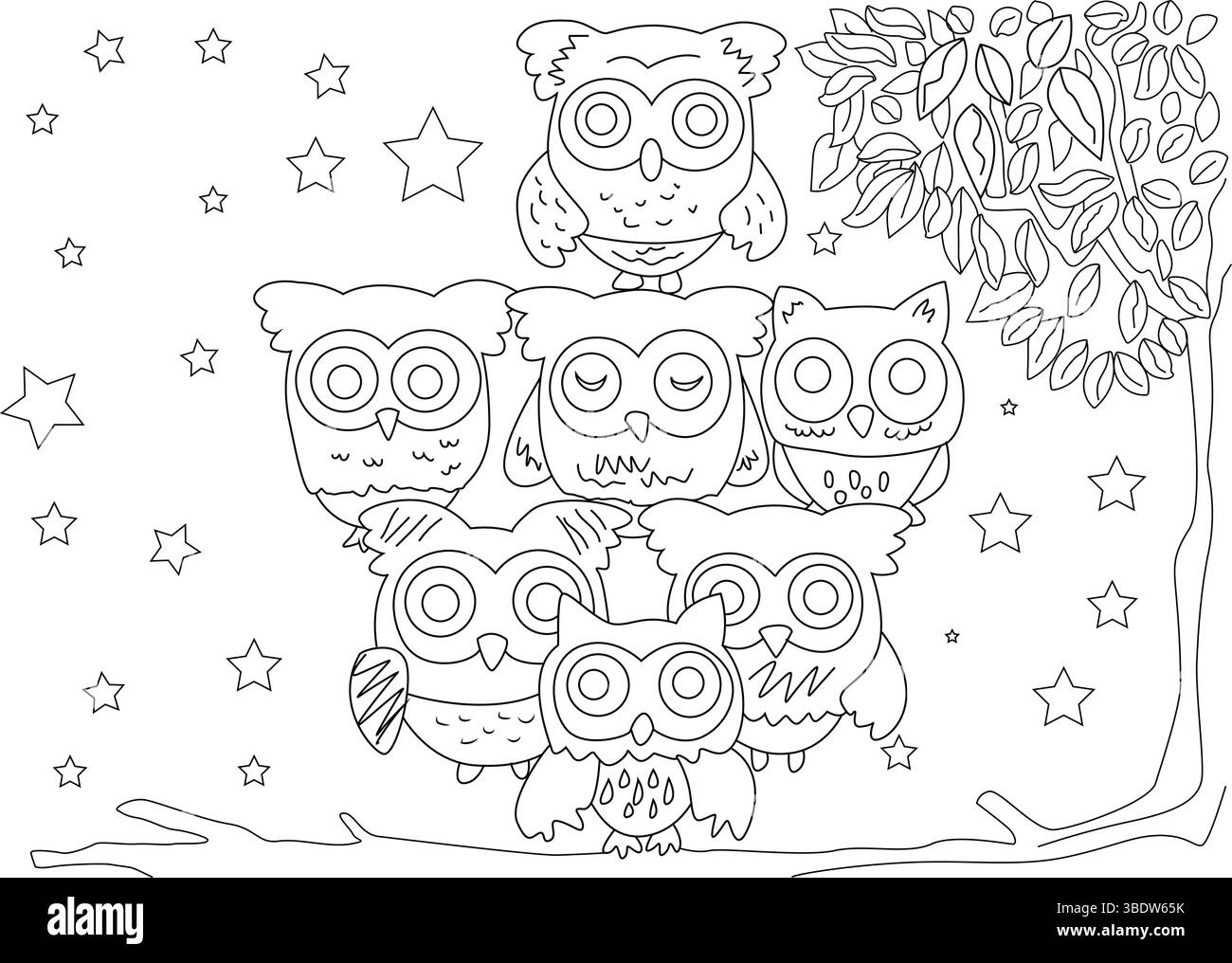 A simple black and white outline illustration of a group of cute doodle ...