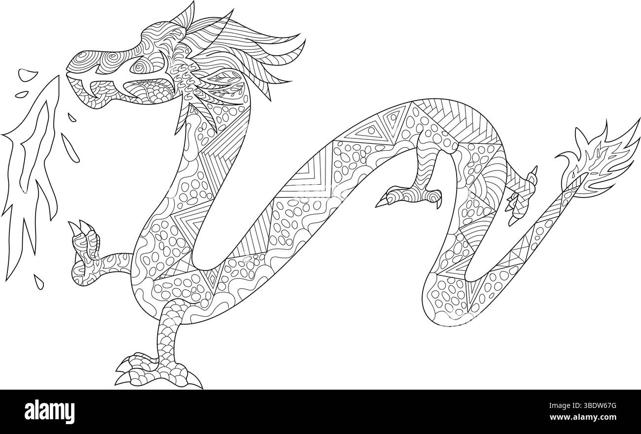 Detailed black and white line art illustration of a mythical dragon ...