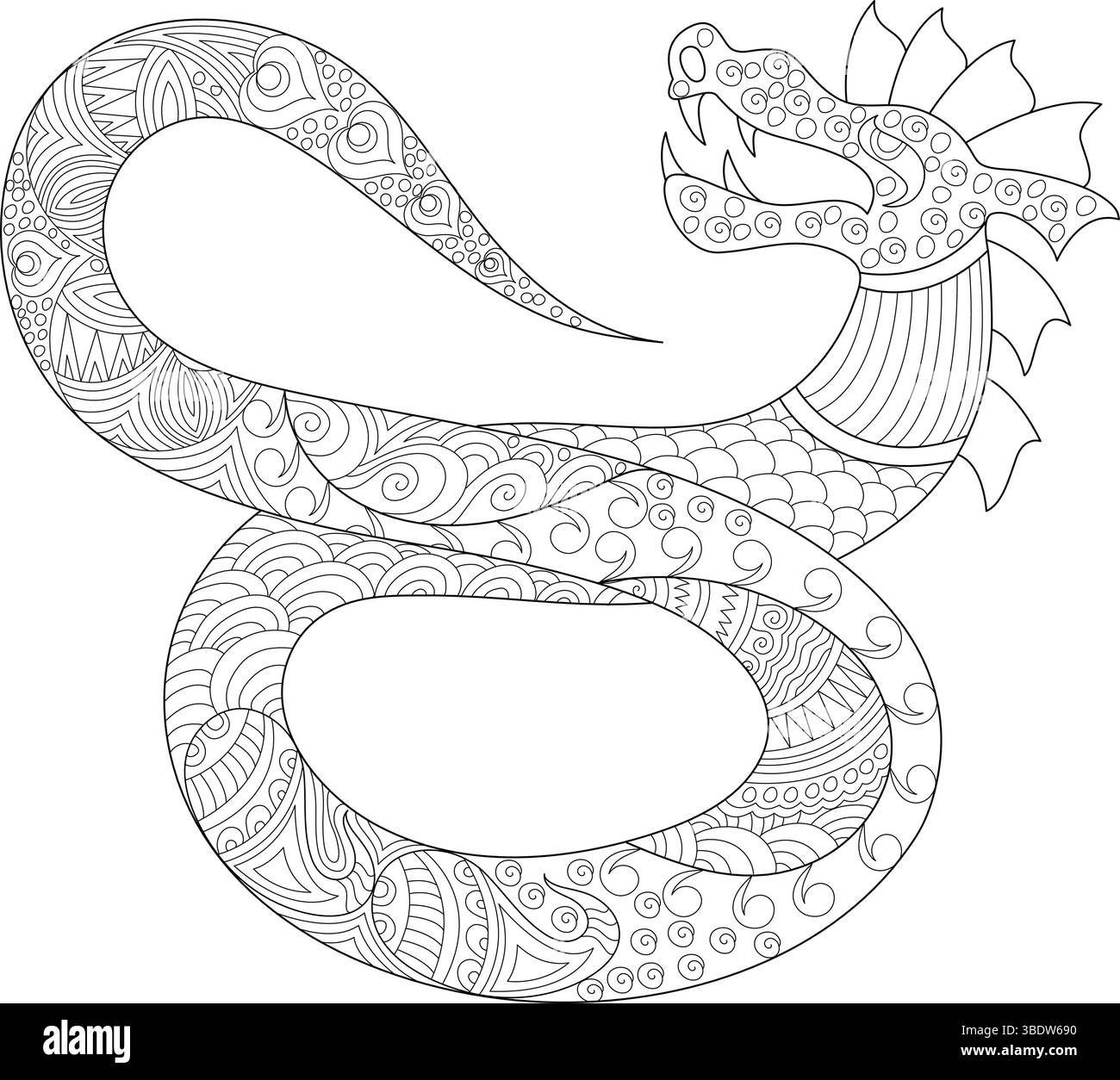 Detailed black and white line illustration of a mythical dragon ...