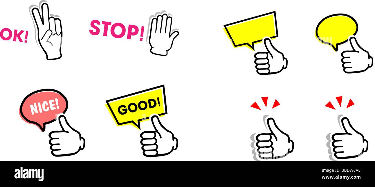 Speech bubble. Up hand white. Gesture. red, yellow bubble. Up, stop ...