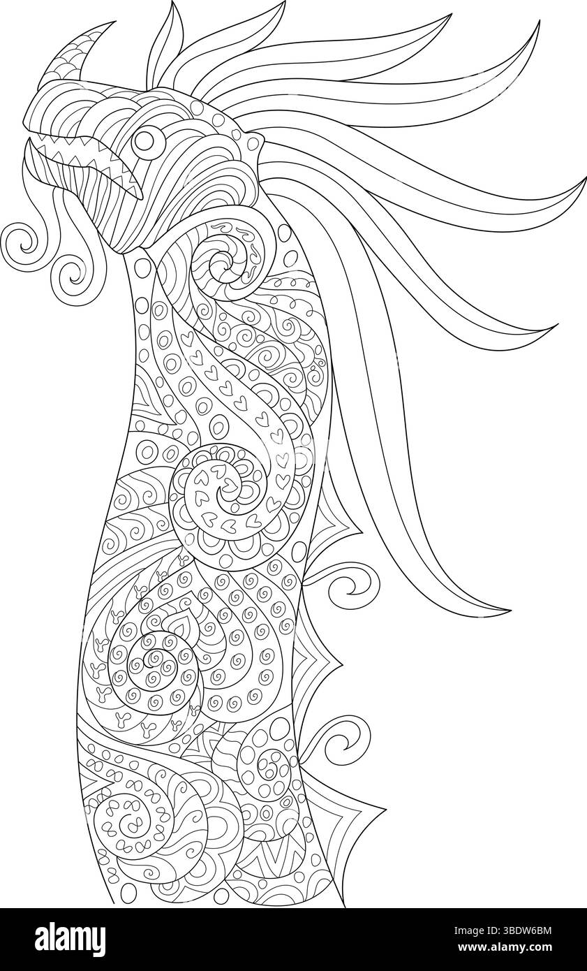 Detailed black and white line art illustration of a mythical dragon ...