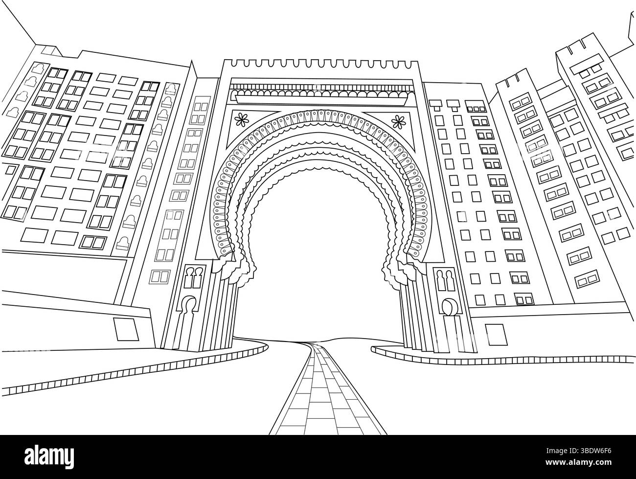 Black and white line drawing of the iconic Ibn Battuta Gate landmark in ...