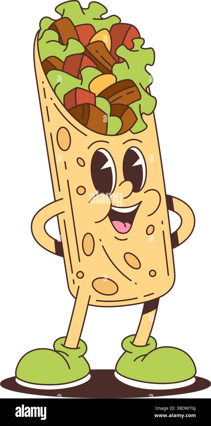 Cheerful burrito mascot filled with vegetables and meat, featuring a ...