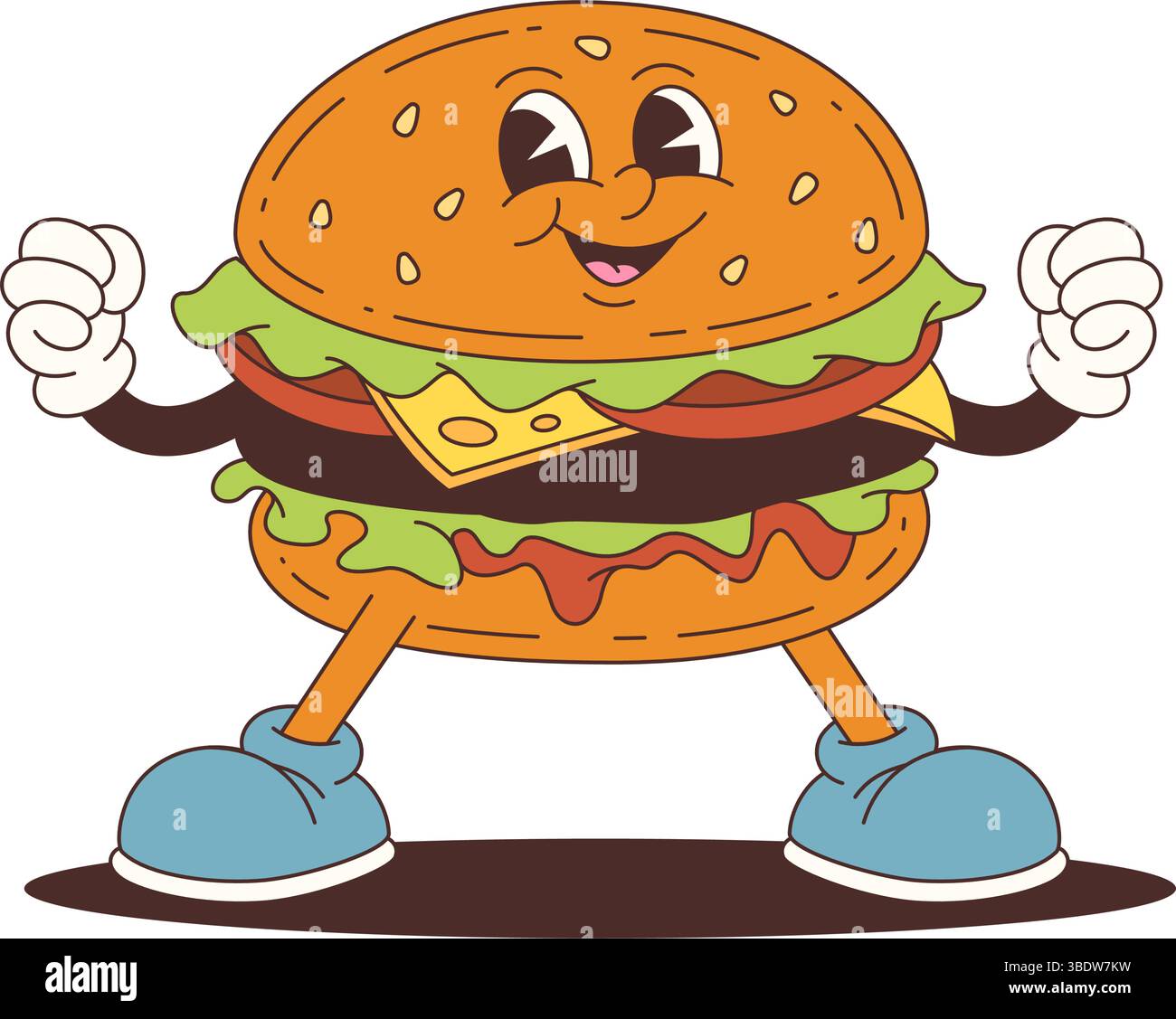 Energetic burger mascot with smiling face, cheese, lettuce, and sauce ...