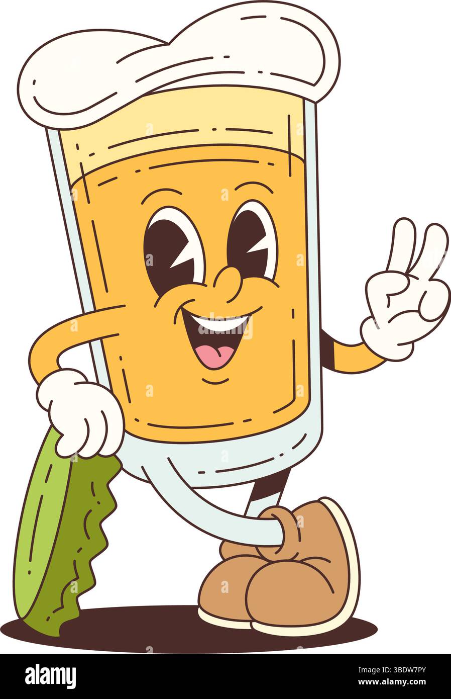 Cheerful beer glass mascot leaning on a large cap with peace sign ...