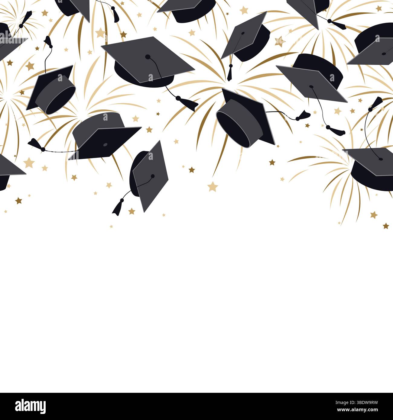 Festive seamless border pattern with graduate hats and golden fireworks ...