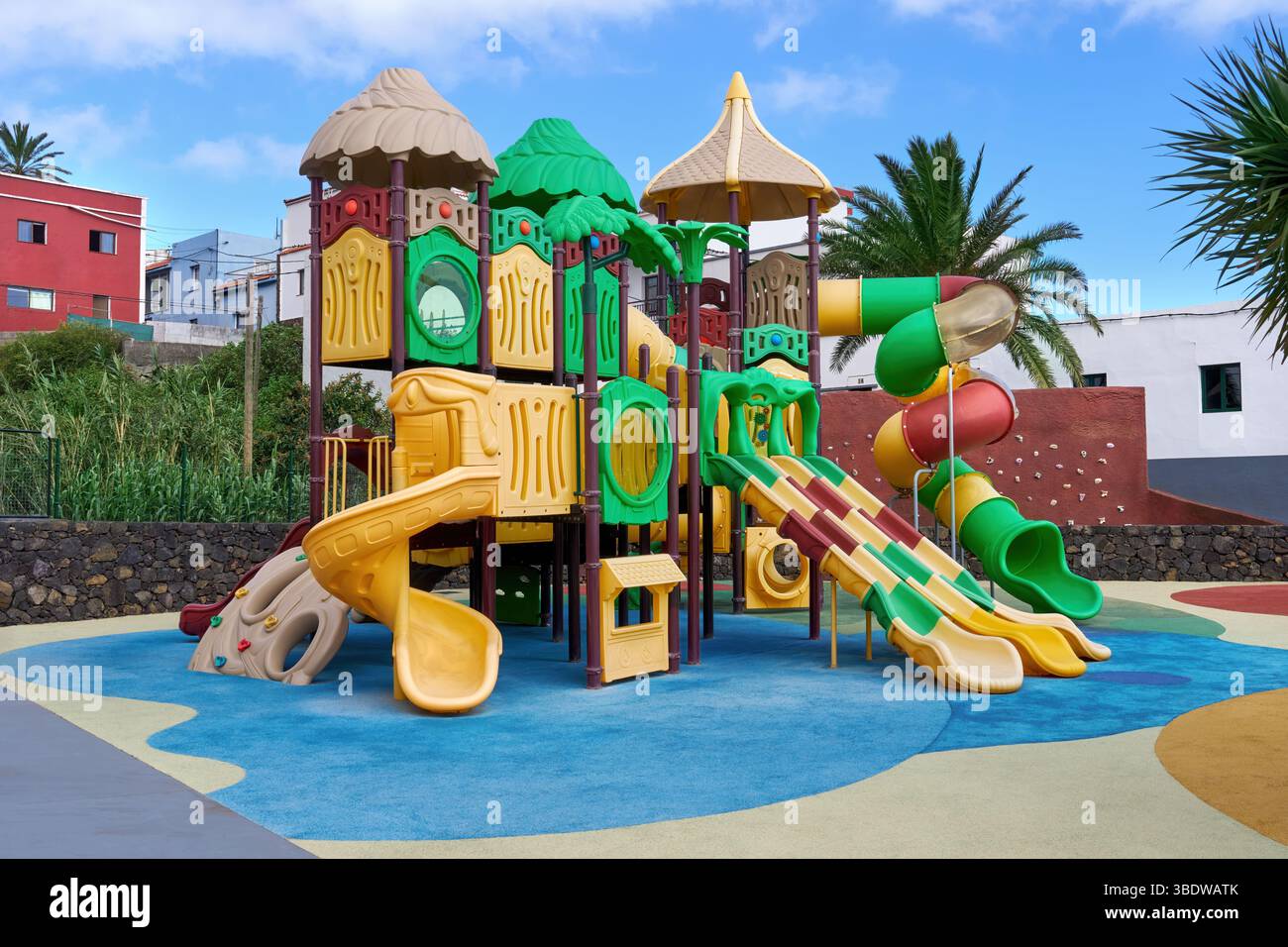 Large plastic play tower on the public playground in Villa de Valverde ...