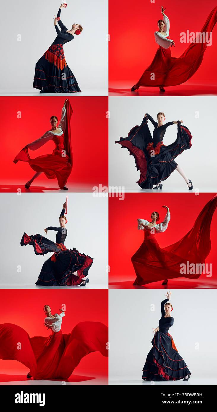 Motion collage. Female flamenco dancer with bold gestures, black-red ...