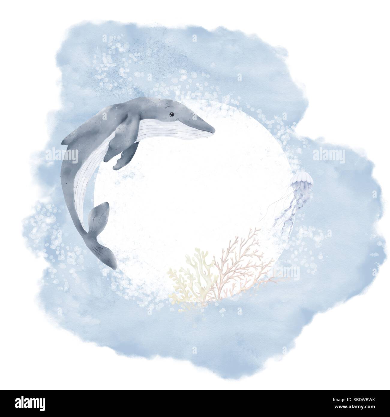 A cheerful gray whale and an elegant jellyfish, coral twigs and sea waves. Watercolor ...