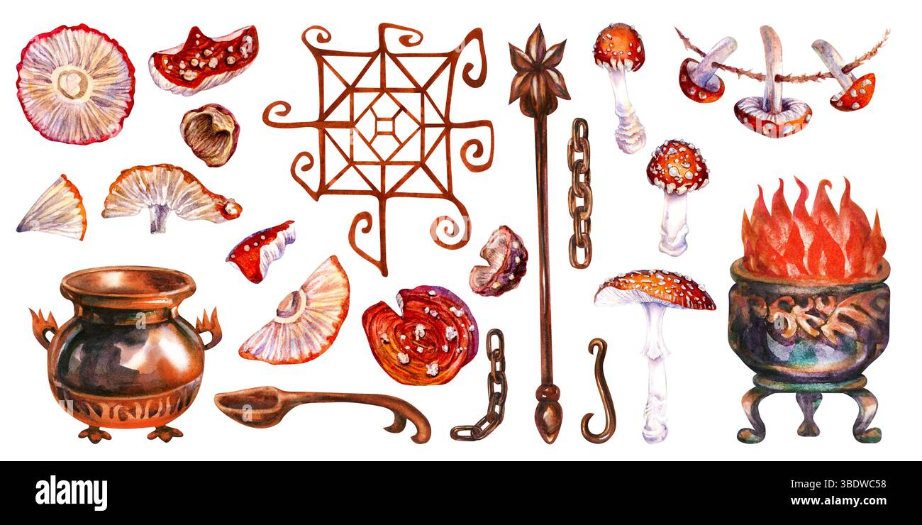 Whimsical watercolor Halloween Magic orange clipart set with fly ...