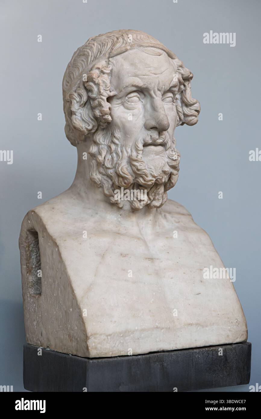 London, England-April 21, 2025: Marble terminal bust of Homer, British ...