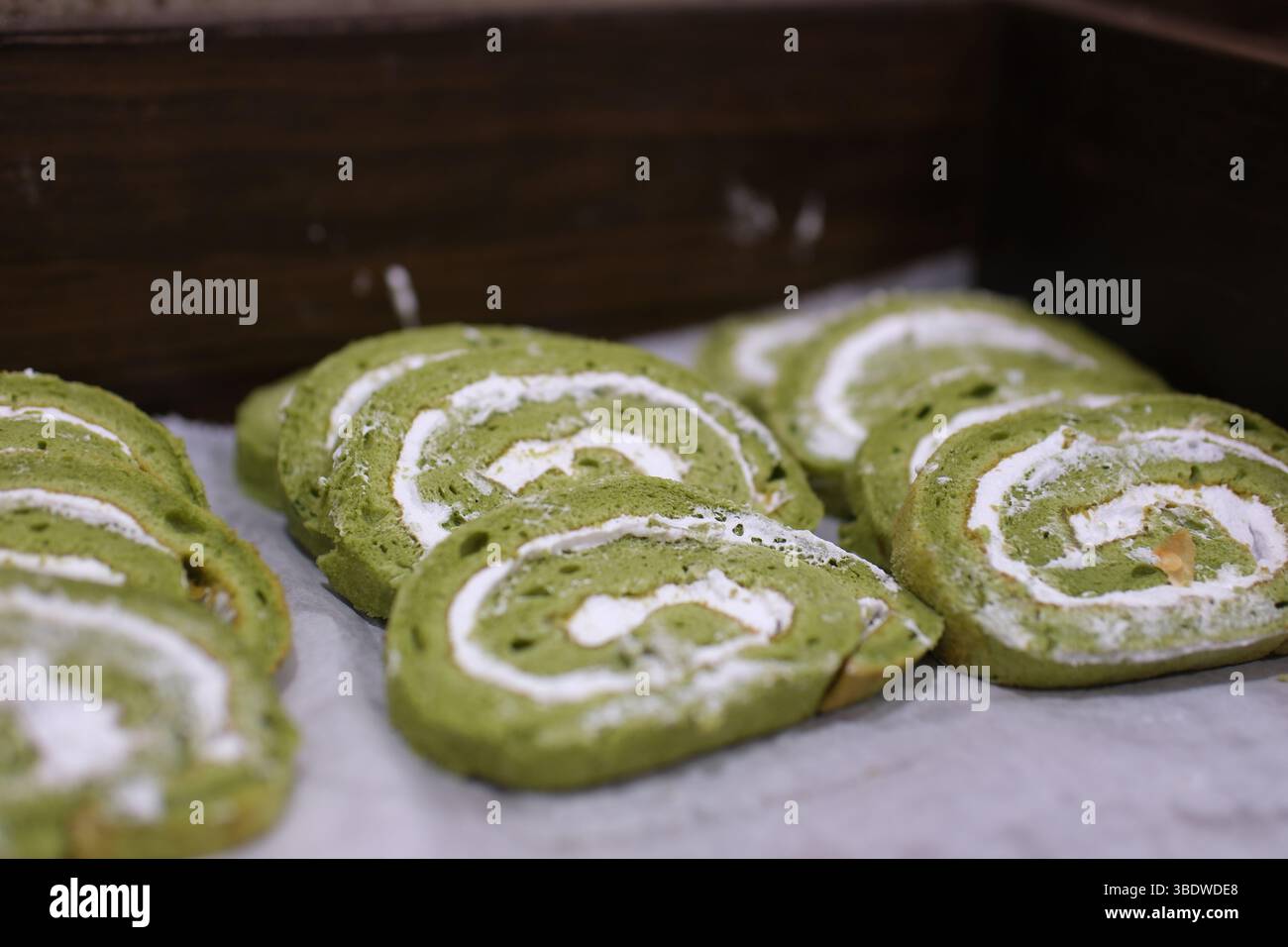 breakfast at the buffet restaurant Green Tea Swiss Roll Cake with cream ...