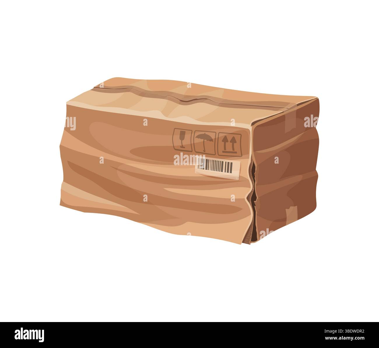 Damaged and broken delivery cardboard box. Ripped wet shipping container, destroyed crumpled ...