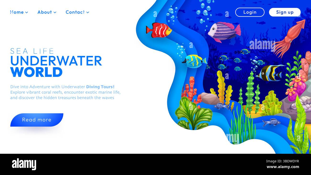 Landing page with paper cut underwater landscape, sea animals and ...