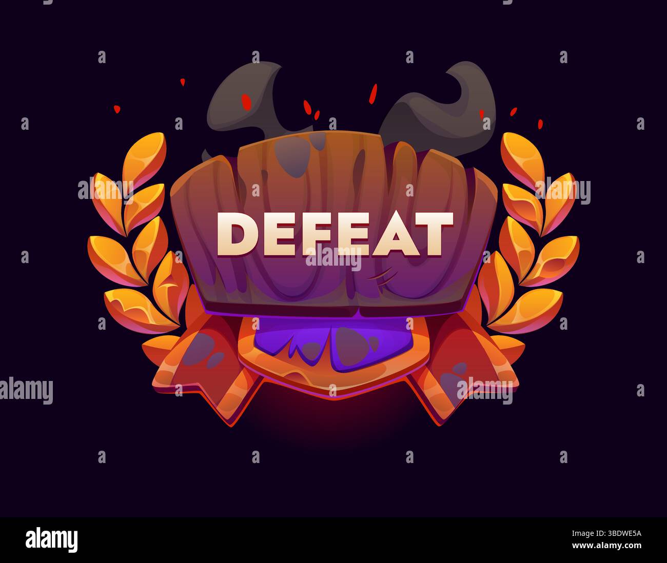 Defeat game frame icon and UI asset for level not complete and gamer fail, vector badge. Defeat ...