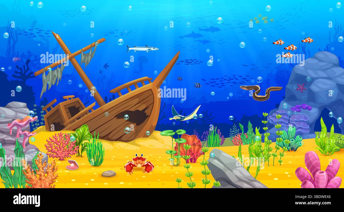 Underwater landscape game background with sunken pirate ship. Cartoon ...