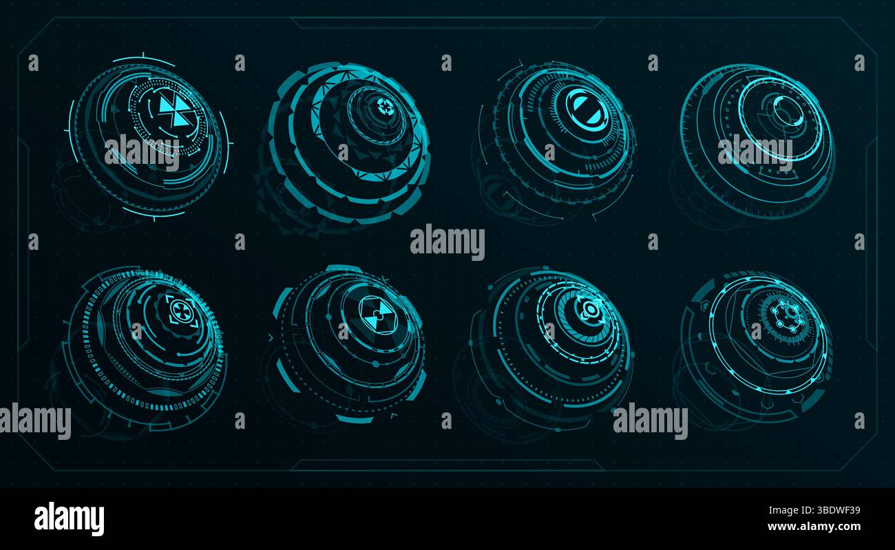HUD futuristic circular screen panels and control bars in sphere shapes ...