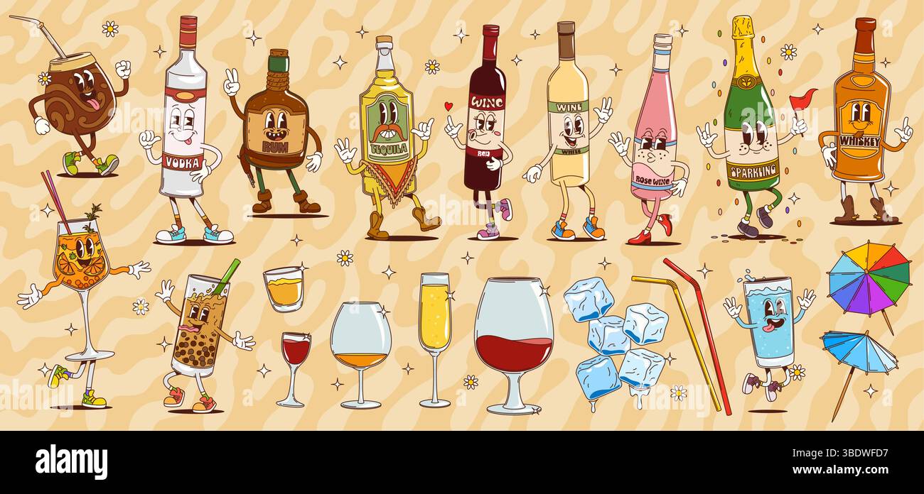 Cartoon groovy alcohol drink and beverage characters of retro hippie ...