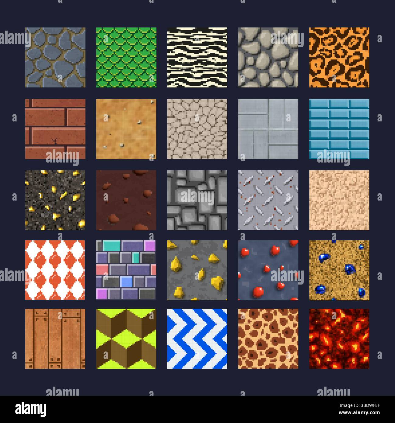 8 bit pixel art game tiles with seamless patterns and textures set ...