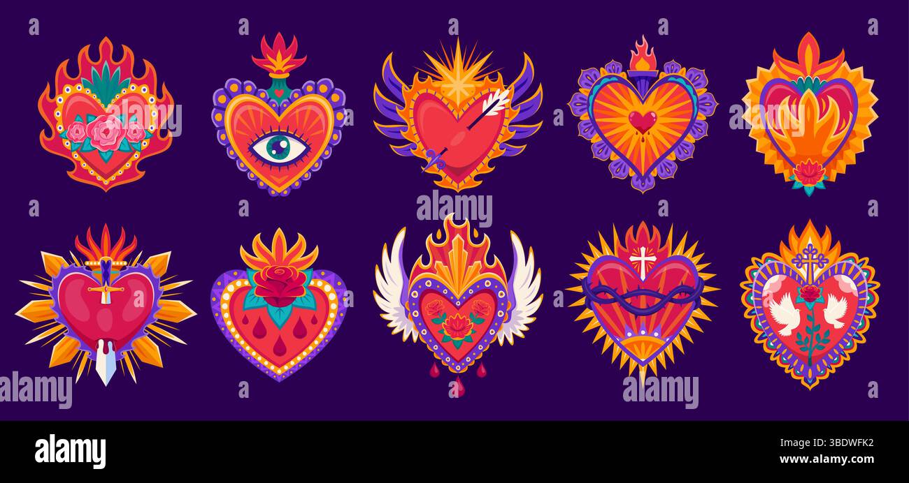 Mexican sacred heart tattoo set for love symbols with fire, eye and ...