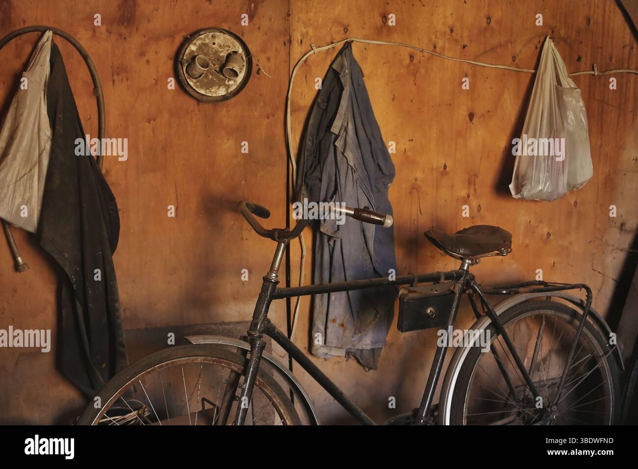 Old Vintage bicycle against wooden wall in garage, midday light, side ...