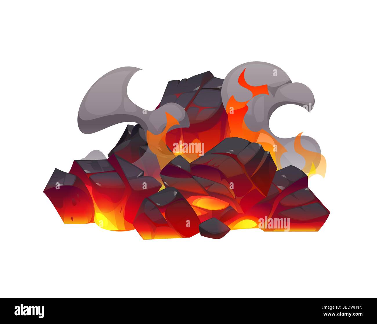 Fire flames on coal or fireplace charcoal burn ember pieces and ash ...