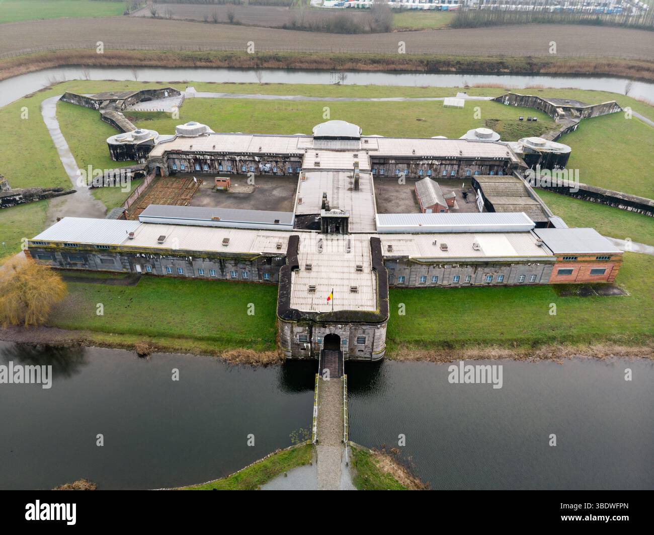 Aerial view of the entrance to Fort Breendonk, former Nazi prison camp ...