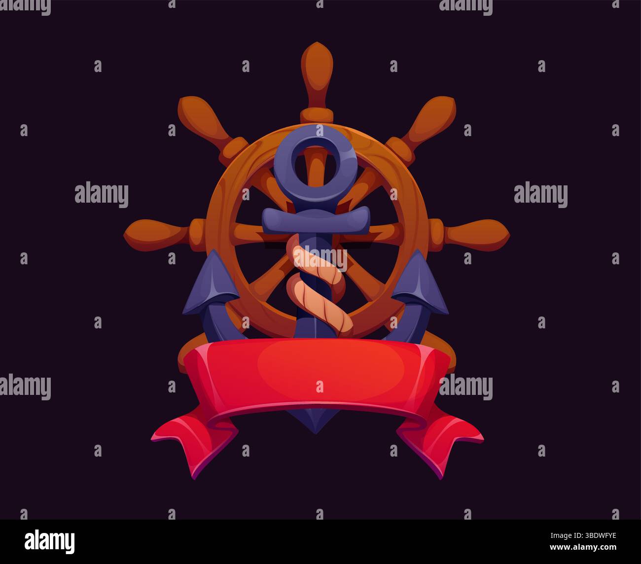 Heraldic pirate ship anchor with steering wheel. Cartoon vector ...