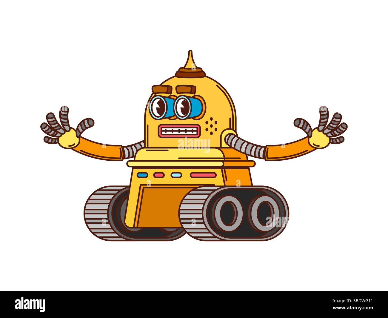 Cartoon groovy retro robot character or droid on wheels vector robotic ...