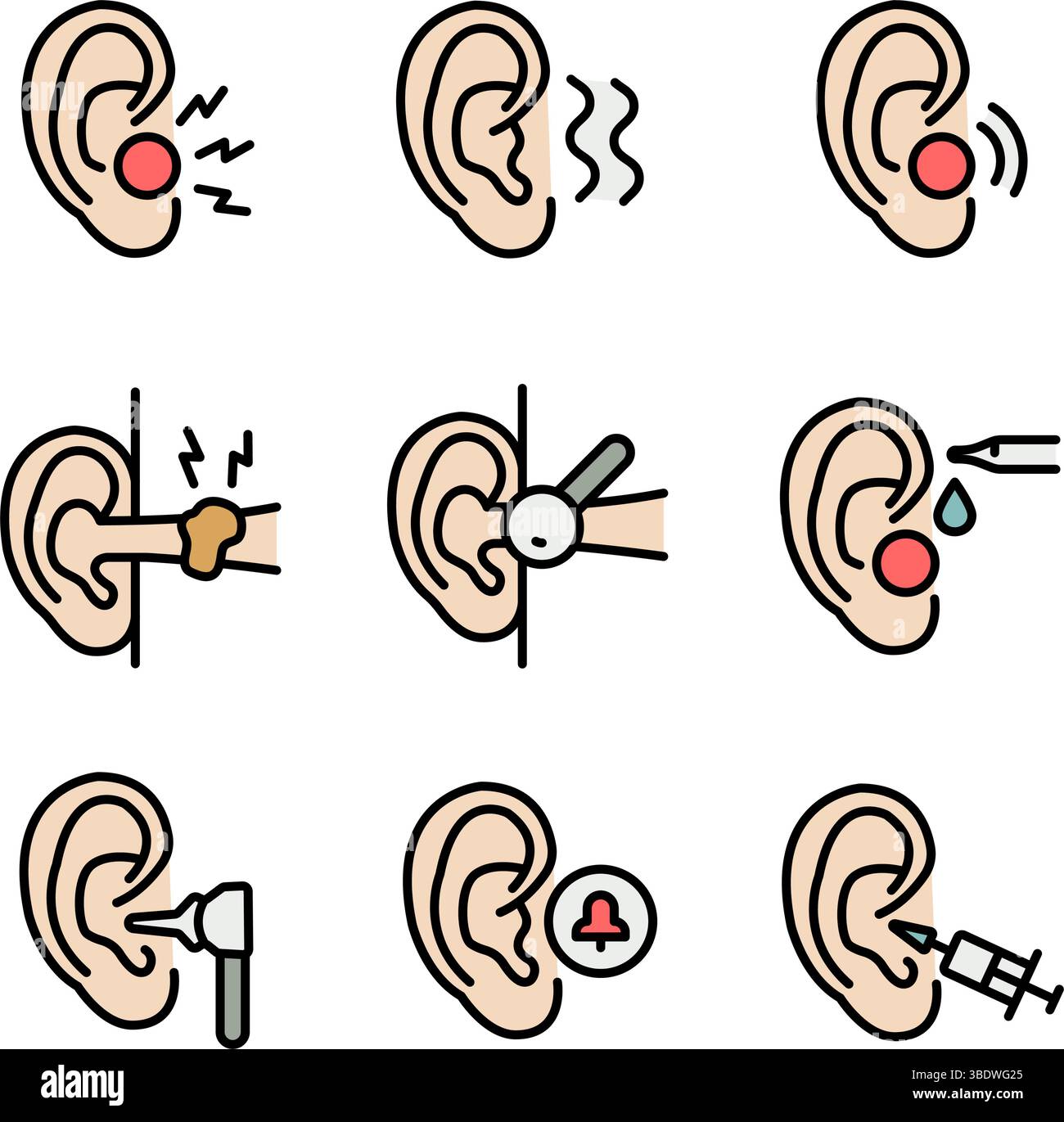 Otitis symptoms and treatment icons set. People experiencing earache ...