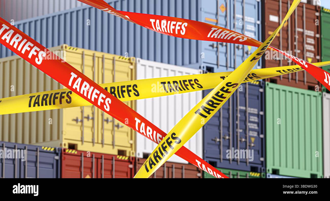 tariffs barrier tapes cargo containers 3d Stock Photo - Alamy