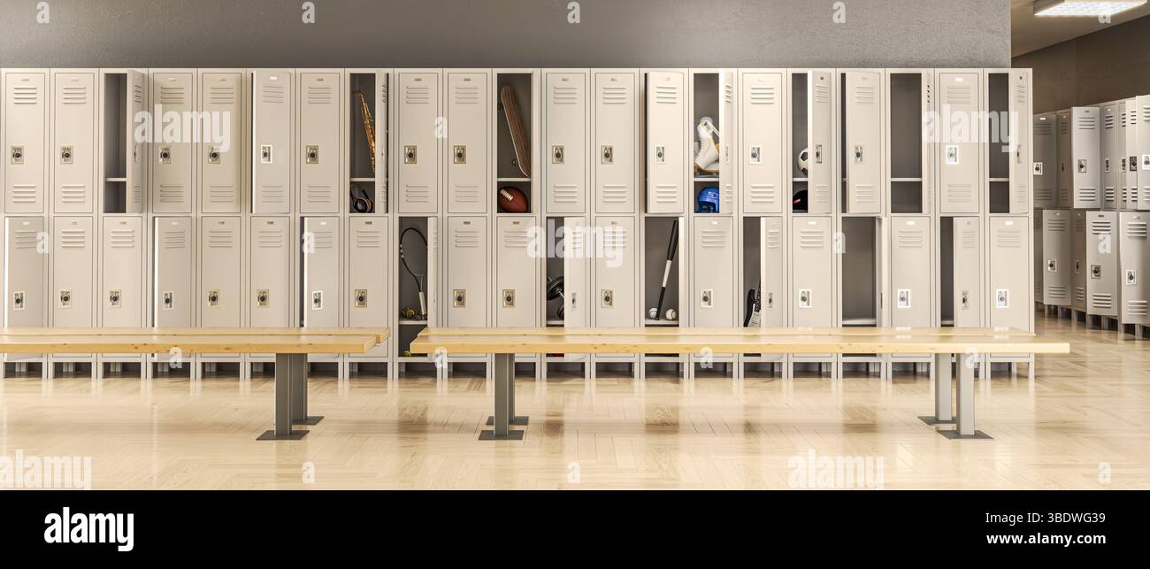 School lockers containing sports equipment empty locker room 3d Stock ...
