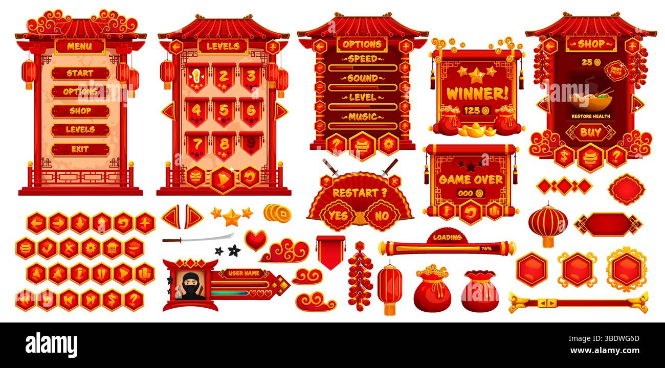 Chinese Gui Game User Interface Buttons And Frames Asset Cartoon Vector Asian Ui Windows