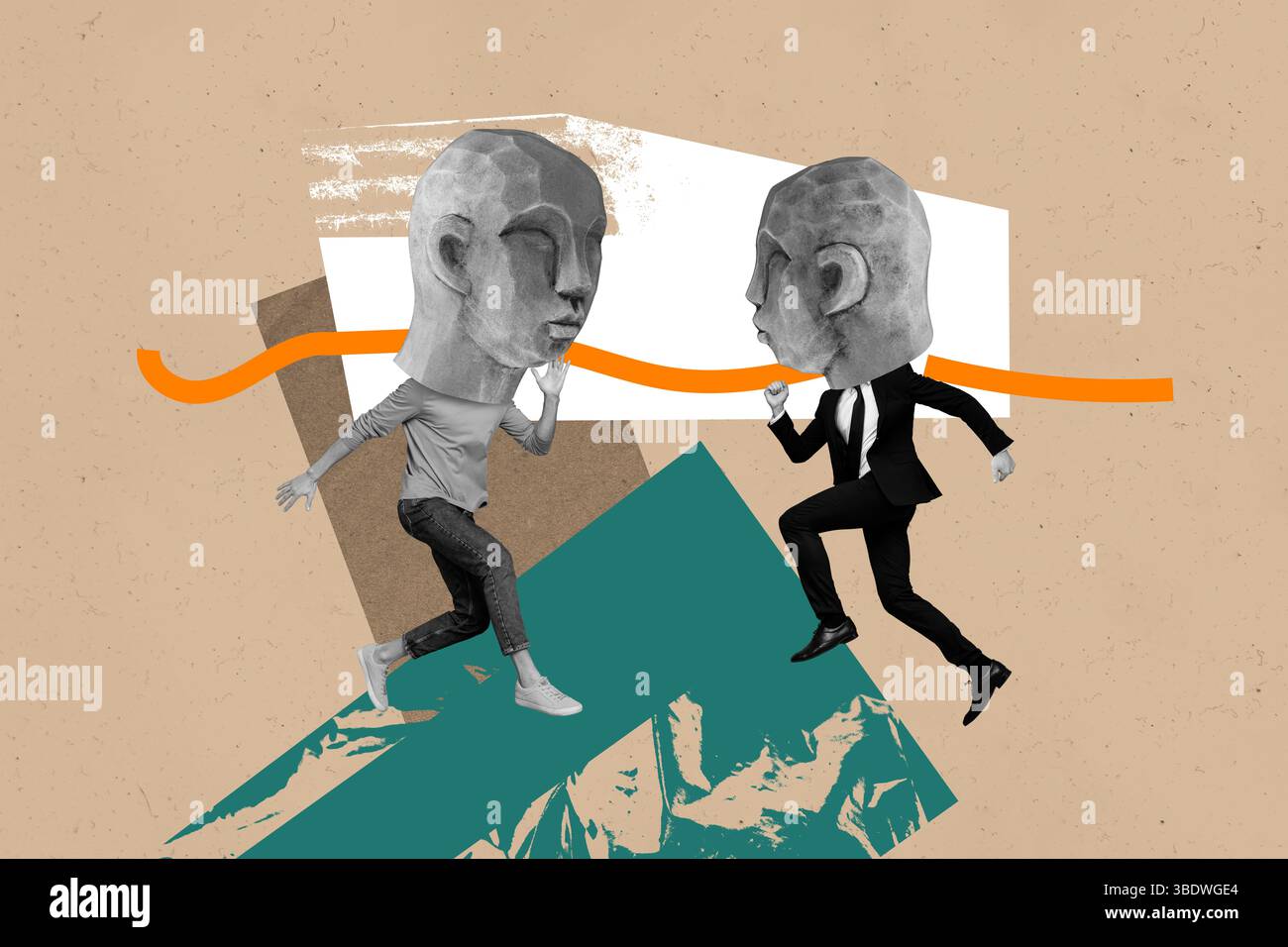 Contemporary artwork collage of two anonym men instead head clay dummy ...