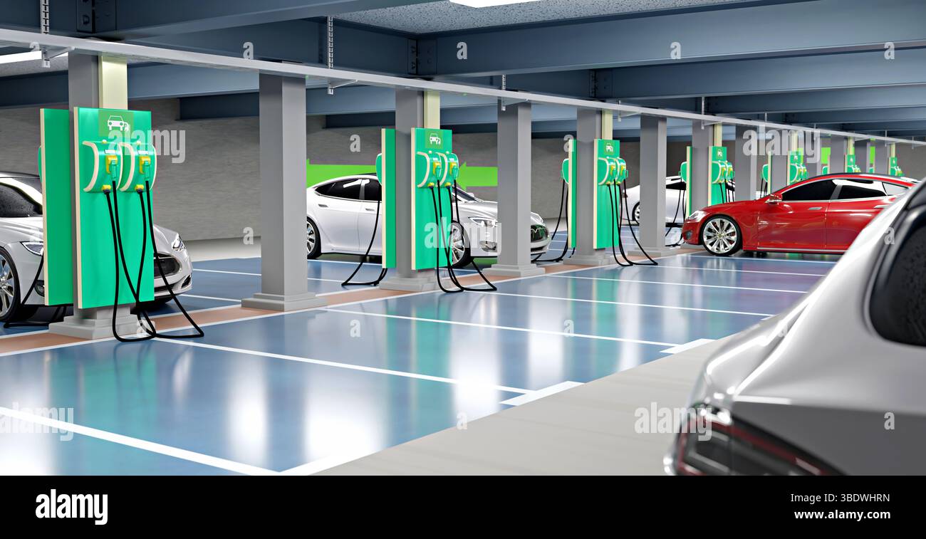 EV charging point on parking space, 3D illustration Stock Photo - Alamy