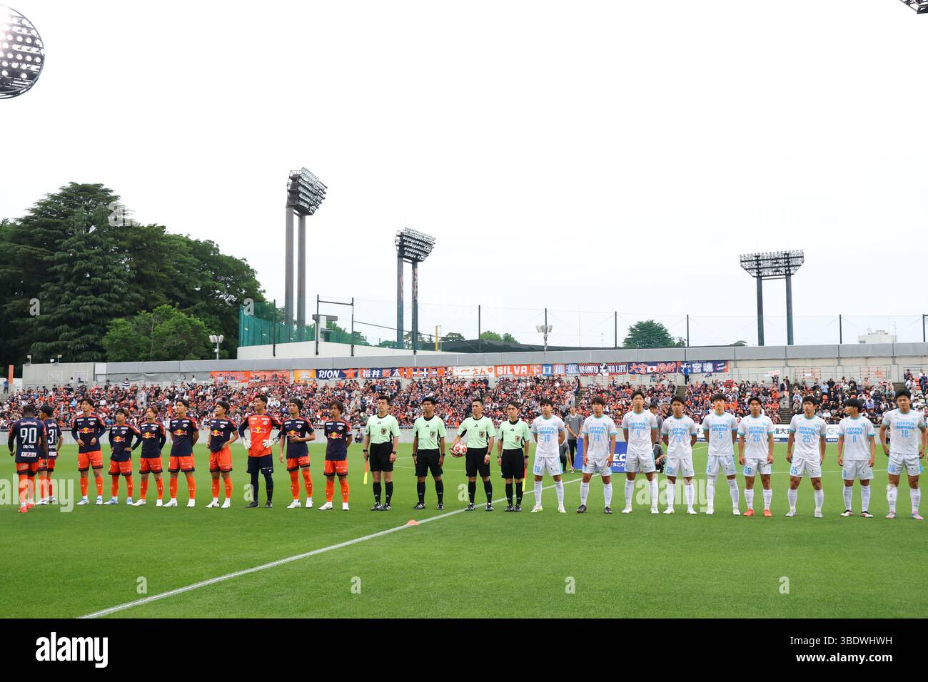 Saitama, Japan. 25th May, 2025. (L-R) RBRB Omiya Ardija team group, Tsukuba University team ...