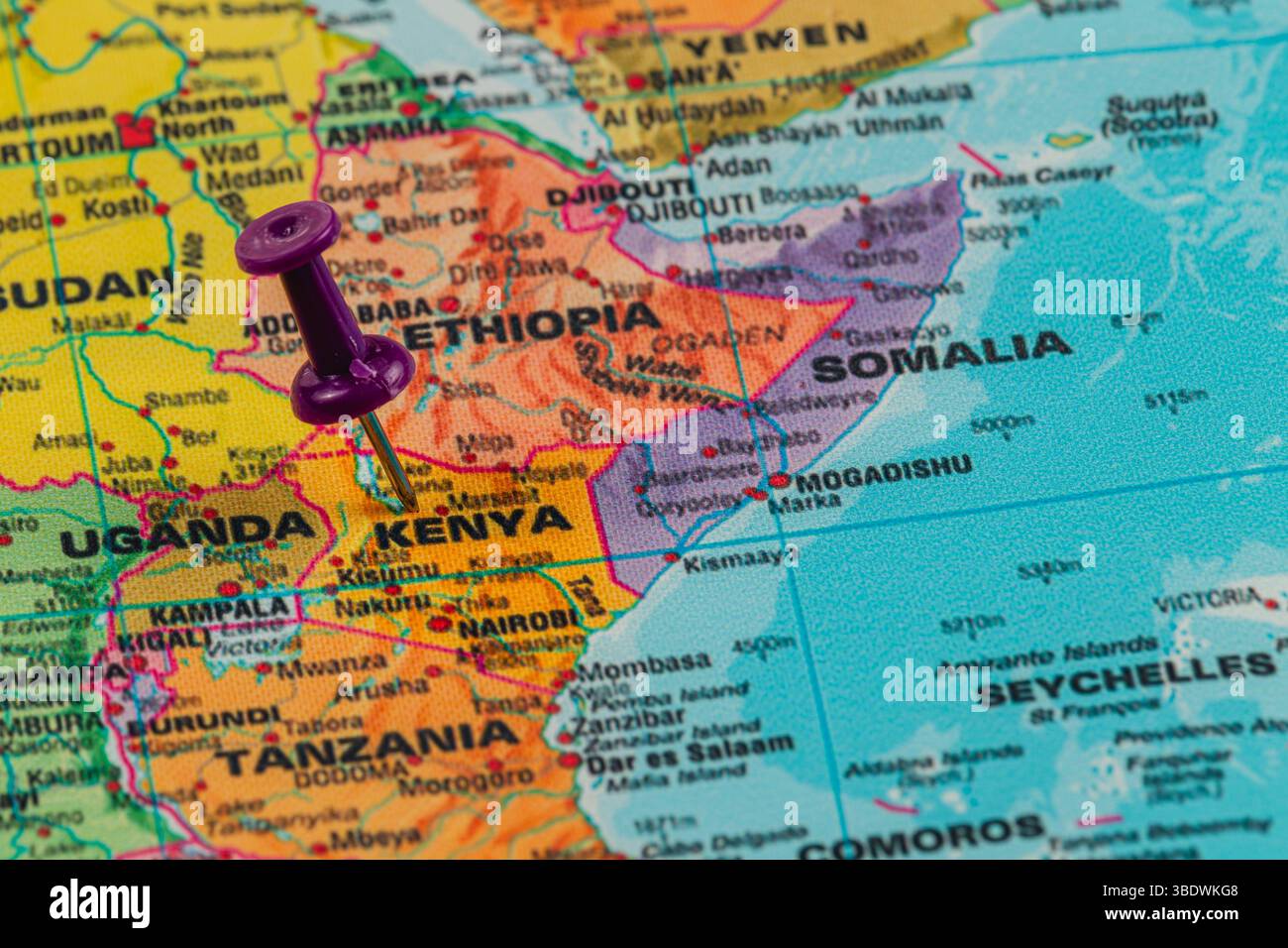 A close-up view of a colorful map displaying East Africa, featuring ...