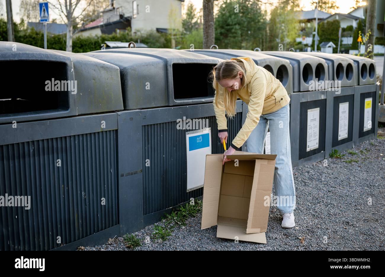 woman puts cardboard trash in outdoor recycling bins Stock Photo - Alamy