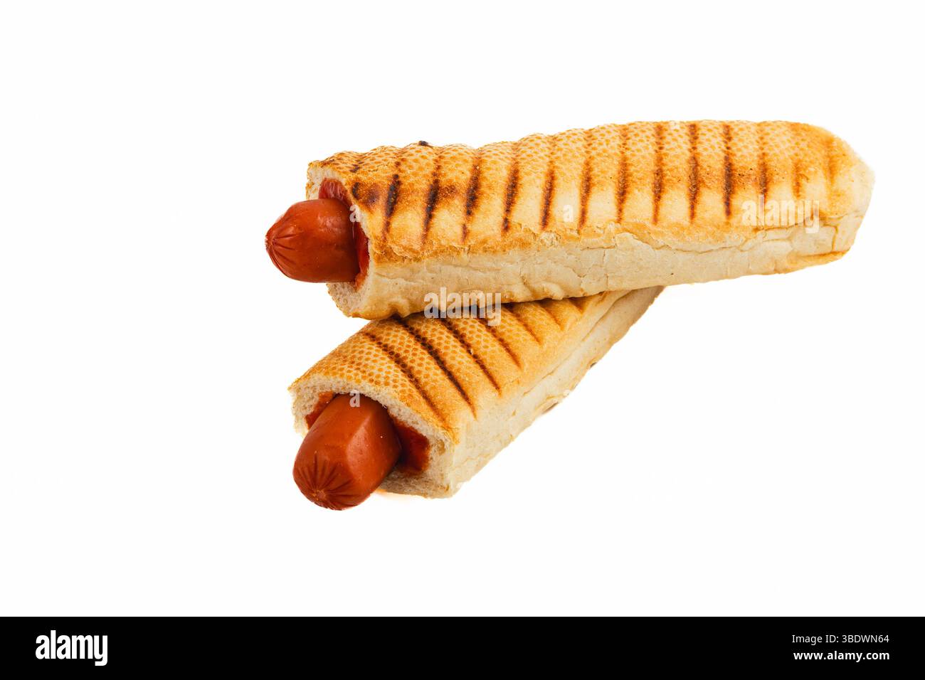 Two delicious grilled hot dogs nestled in golden toasted bread rolls ...