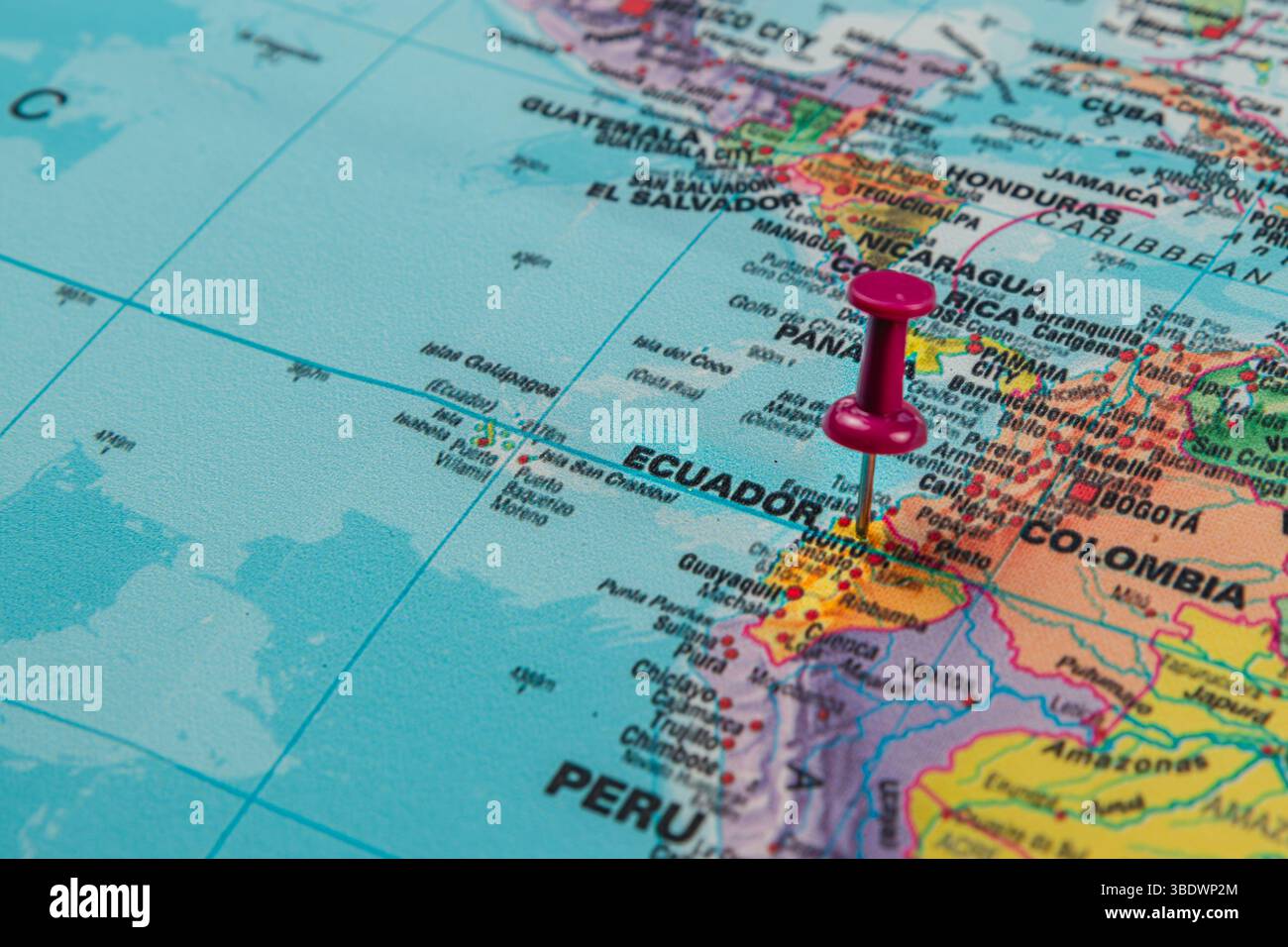 A detailed map displays the country of Ecuador in South America ...