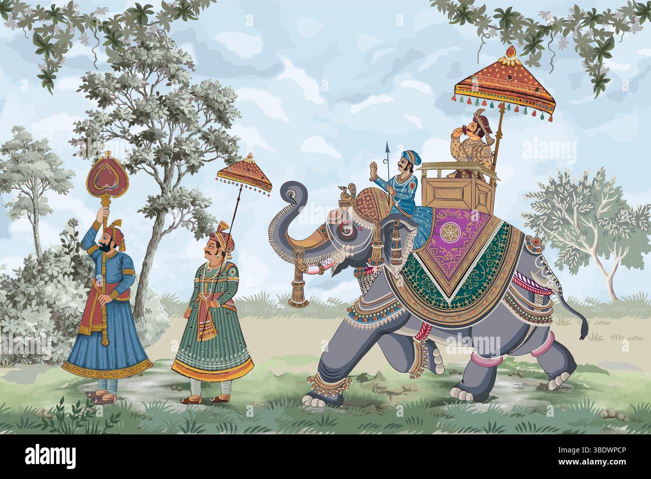 Mughal emperor riding an adorned elephant in a procession, painted on a ...