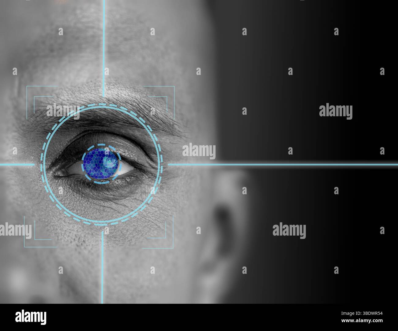 Close up view of human eye with digital targeting crosshair overlay ...