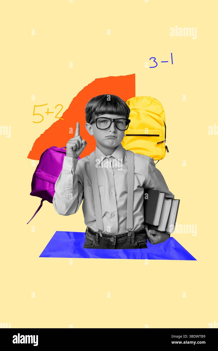 Trendy vertical photo collage of serious geek schoolboy hold book point ...