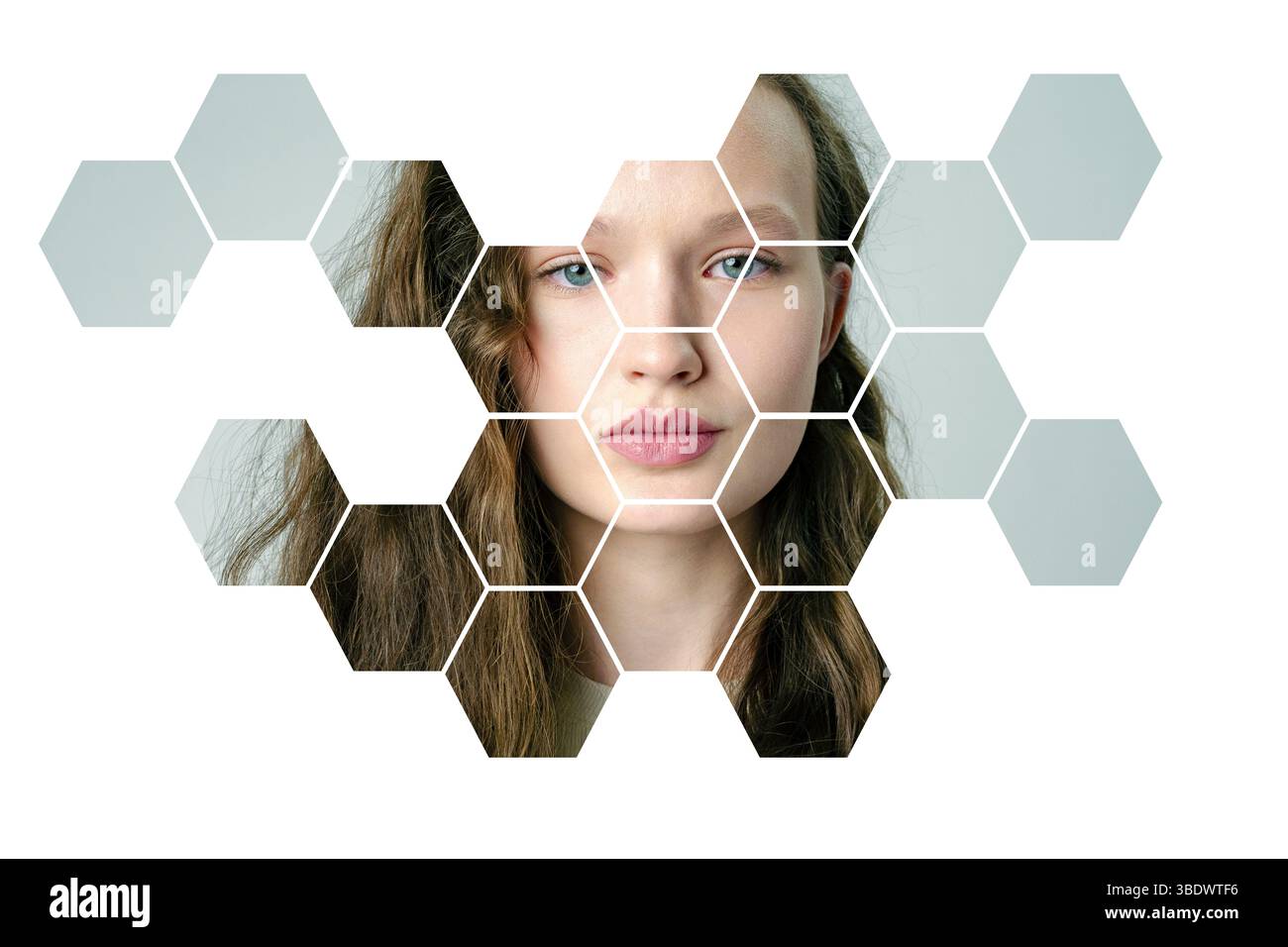 Creative art representation of a woman's face split into hexagonal ...
