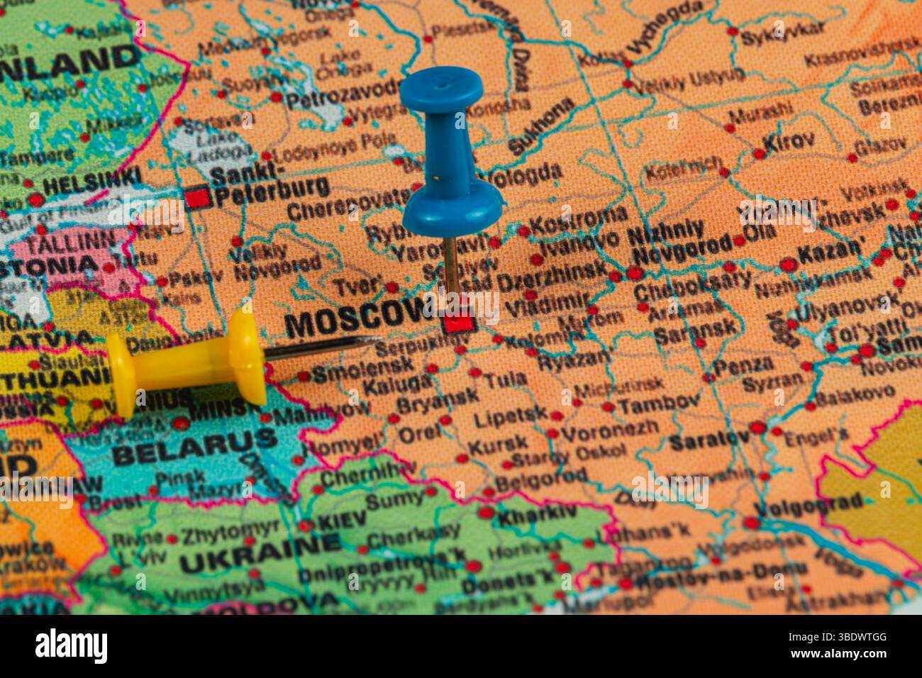 A map displaying Moscow highlighted with blue and yellow push pins ...