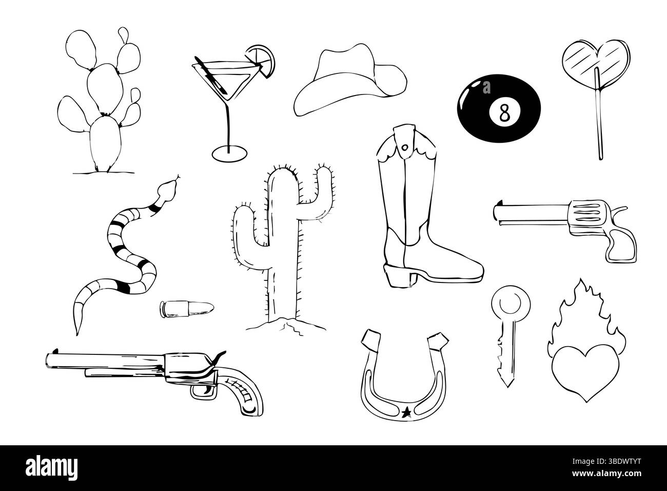 Wild west sketch set with vintage cowboy hat, gan. Desert elements ...